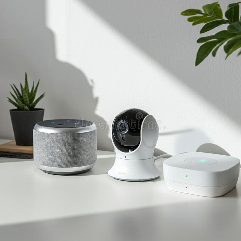 Smart Home Devices are Displayed on a White Surface. a Grey Fabric ...