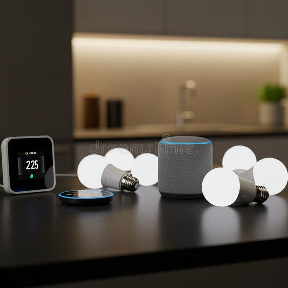 Smart Home Devices on a Kitchen Counter Include an Amazon Echo Speaker ...