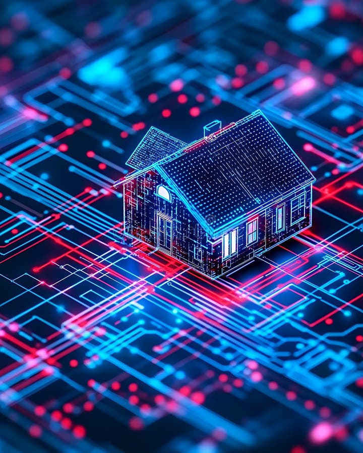 Smart Home Digital House Network Technology Future 3D Red Real Neon ...