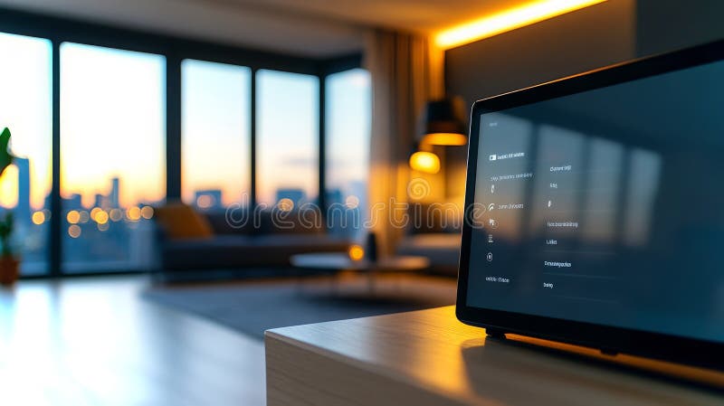 Smart Home Digital Touchscreen Panel Interface during Sunset in a ...
