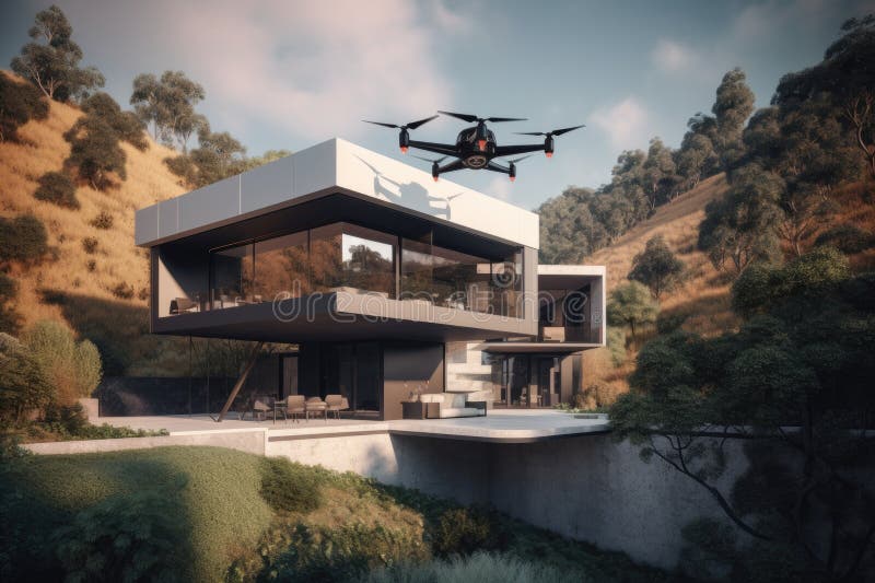 Smart Home with Drone Flyover, Showcasing Its Modern and Sleek Design ...
