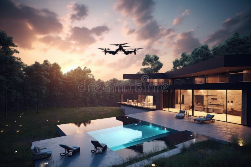 Smart Home with Drone Flyover, Showcasing Its Modern and Sleek Design ...