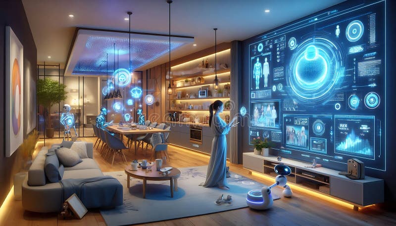 Smart Home of the Future with Interactive Displays and Robotics Stock Illustration ...