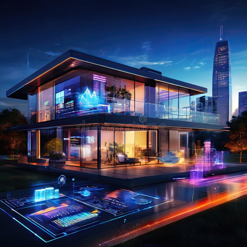 Smart Home with Futuristic Technology and City Skyline. Stock ...