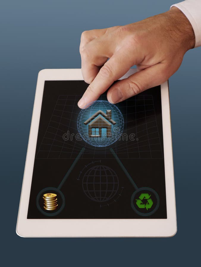 Hand Using Tablet with Smart Home Application on Screen. the Concept of ...