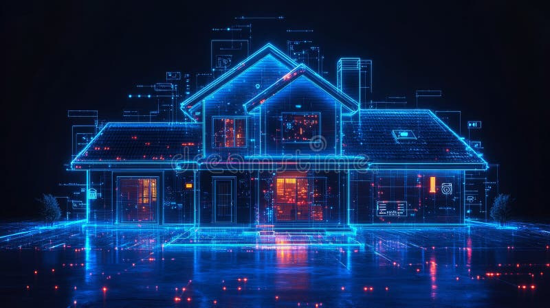 Smart Home Icon Illuminated in Glowing Blue Lights Representing Modern ...