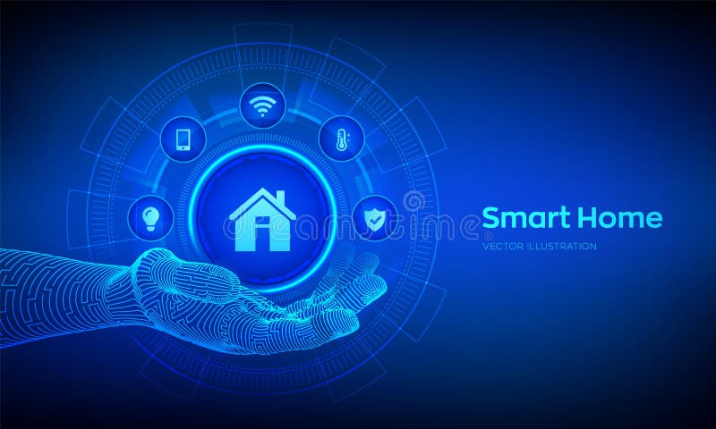 Smart Home Icon in Robotic Hand. Automation Control System Concept ...