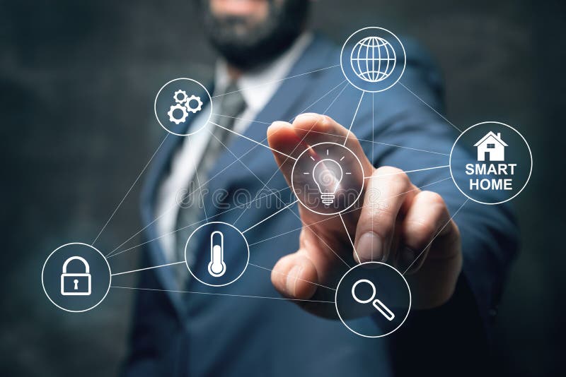 Smart Home and Icons on the Screen Stock Image - Image of hand ...
