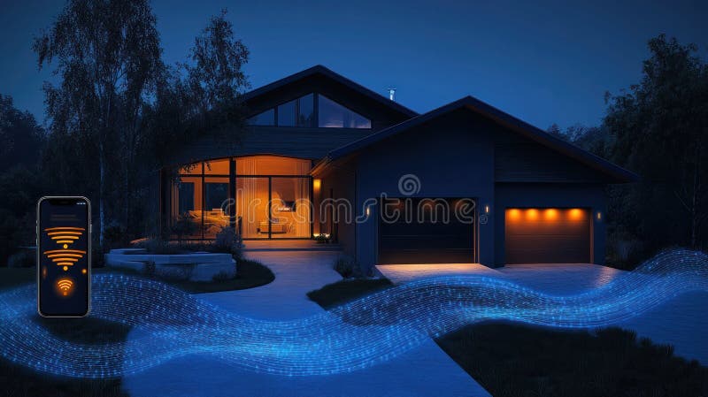 Smart Home Illuminated at Night with App Control. Pathway Lights ...