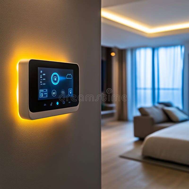 Smart Home Interface with Glowing Wall Panel in Modern Bedroom Interior ...