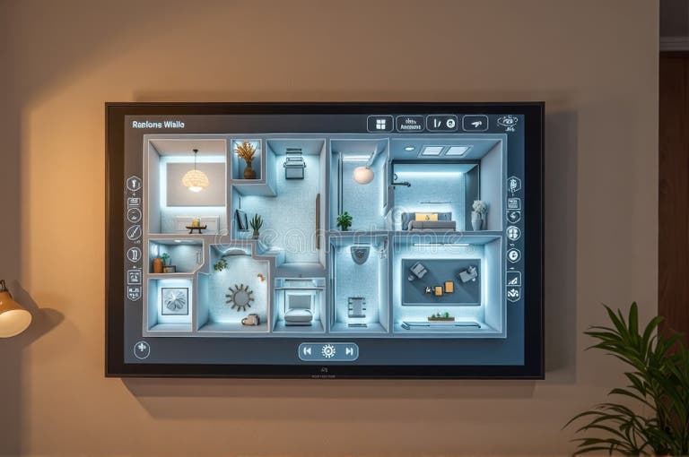 Smart Home Interface Showing Interactive Digital Floor Plan on Wall ...