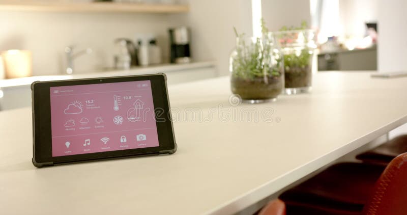 A Smart Home Interface Sits on a Kitchen Counter, Copy Space Stock ...
