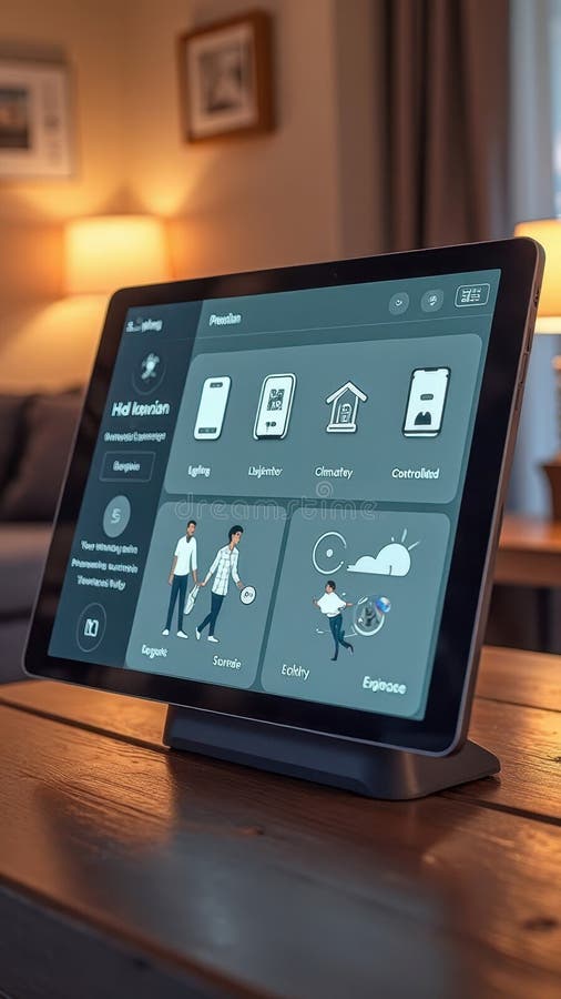 Smart Home Interface on Tablet Displayed in Cozy Living Room Setting ...