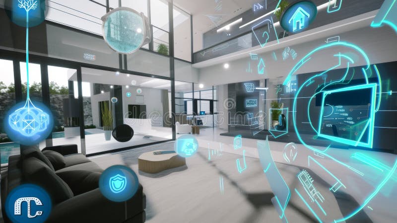 Smart Home Interior with Holographic Interface Stock Image - Image of ...