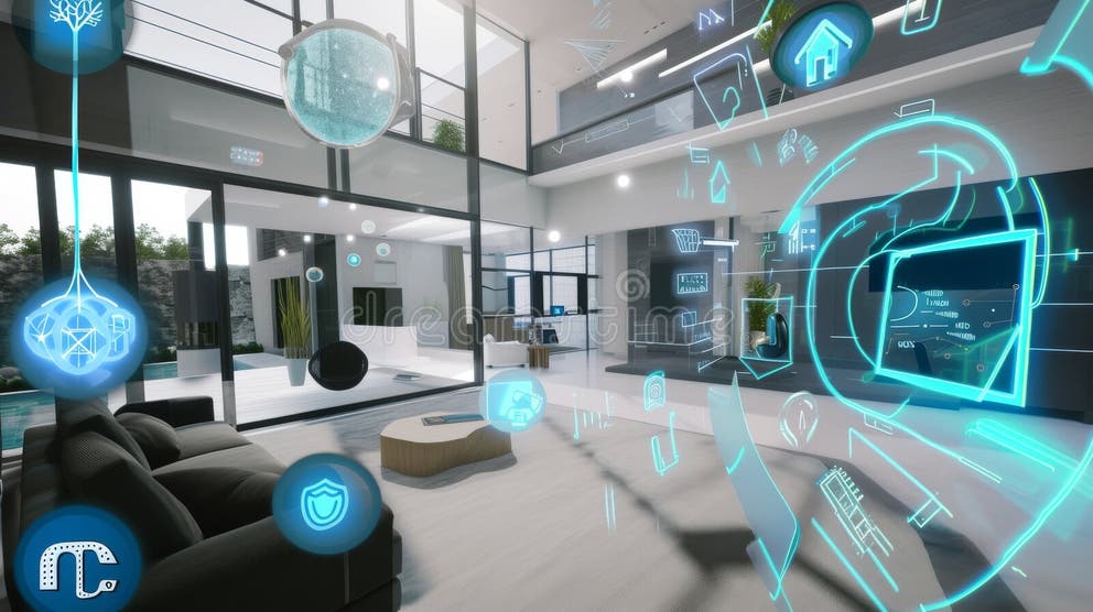 Smart Home Interior with Holographic Interface Stock Image - Image of ...