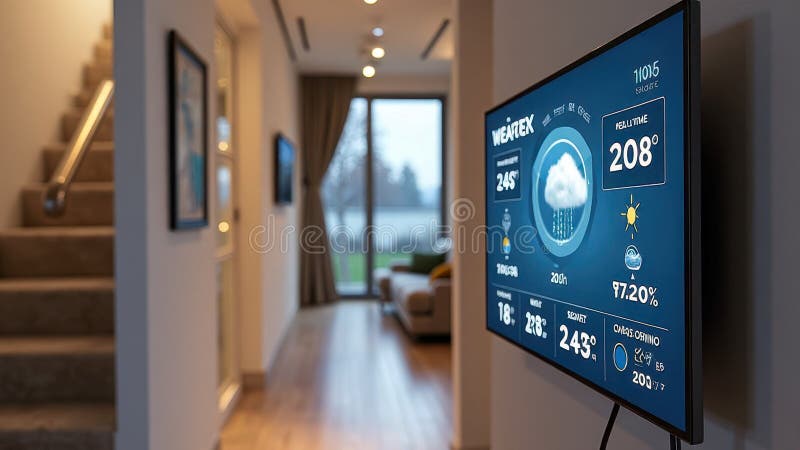 Smart Home Interior with Modern Weather Display Screen in Living Room ...