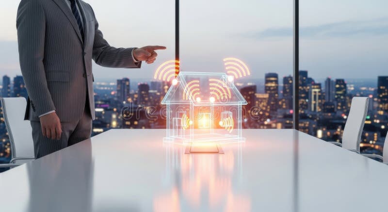Smart Home IoT Concept Shown by Professional in Bright Meeting Room with Polished Table ...