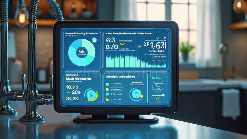 Smart Home Kitchen Display Showing Energy Consumption and Sprinkler ...