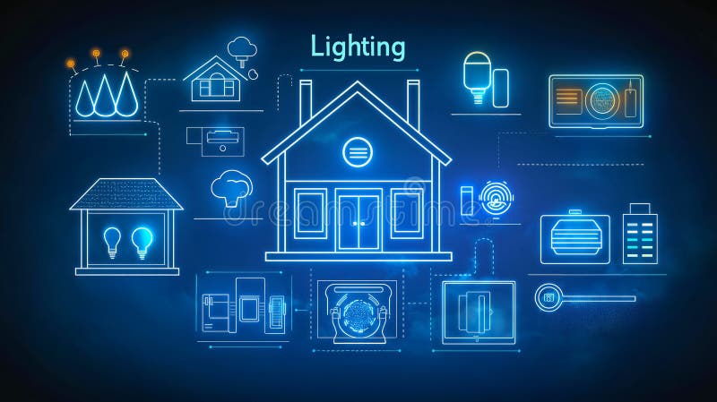 Smart Home Lighting System Illustration with Technology Icons ...