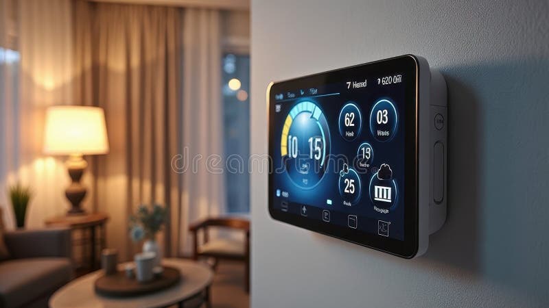 Smart Home Living Room Thermostat Device Displaying Temperature and ...