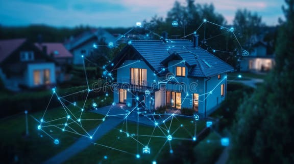 Smart Home Network Aerial View at Night Stock Illustration ...