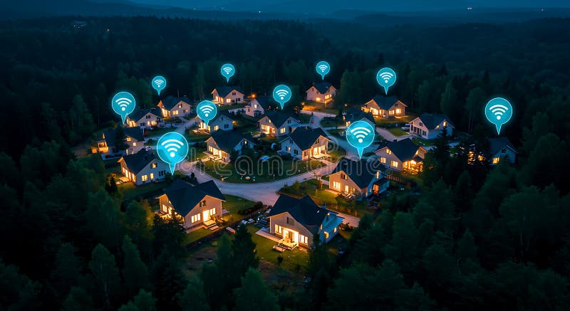 Smart Home Network in Residential Area at Night Stock Illustration ...