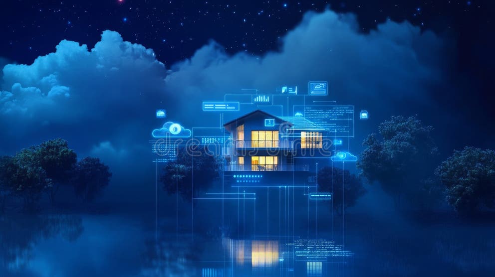 Smart Home at Night Futuristic House with Digital Interface Stock ...