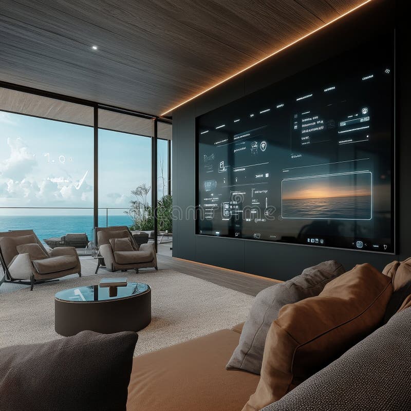 Smart Home Ocean View Living Room Stock Image - Image of home ...
