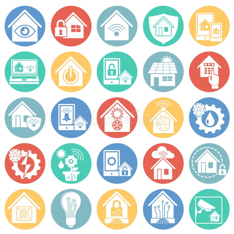 Smart Home Related Icons Set on Color Circles White Background for ...