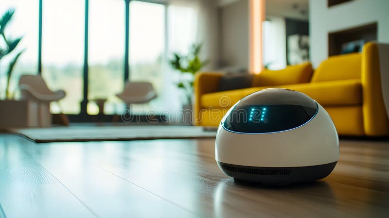 Smart Home Robot in Modern Living Room with Bright Yellow Sofa Stock ...