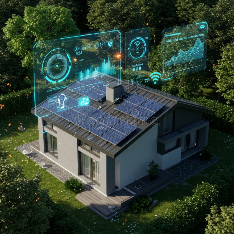 Smart Home with Rooftop Solar Panels and Digital Energy Interface Stock ...