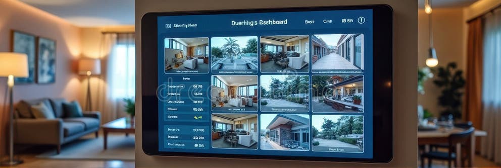 Smart Home Security Dashboard Displaying Multiple Camera Feeds in Modern Living Room Stock Image ...