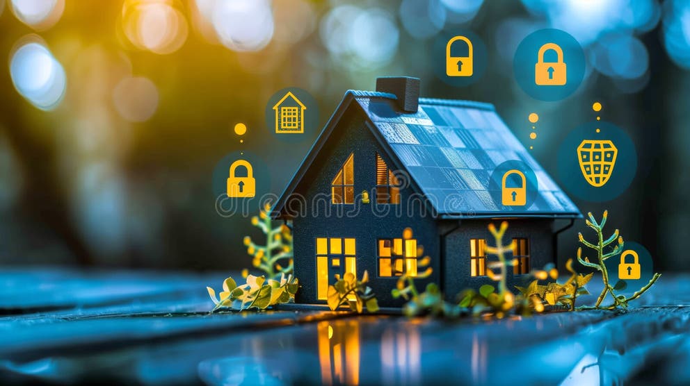 Smart Home Security with Lock Icons Stock Illustration - Illustration ...