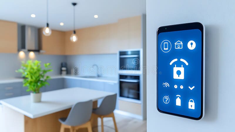 Smart Home Security System Control Panel on Wall in Modern Kitchen with ...