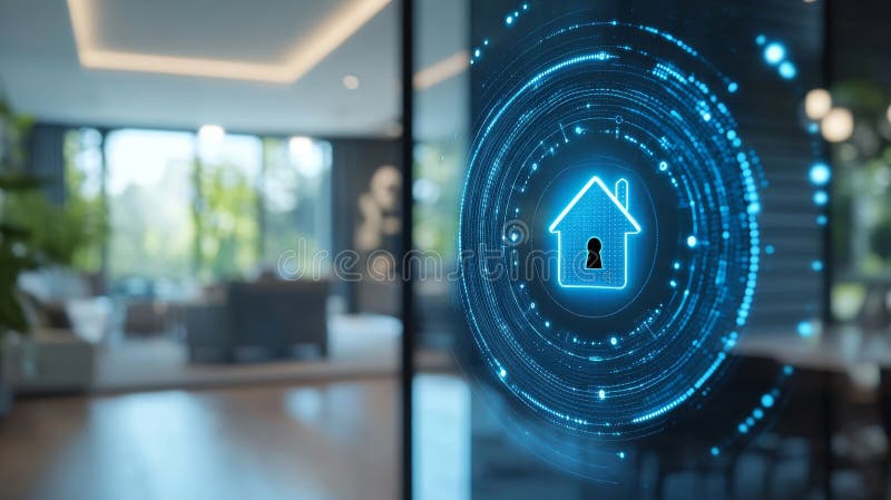 Smart Home Security System with Glowing Graphic Interface on Glass Door ...
