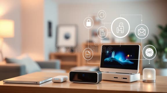 Smart Home Security System Interface with Digital Icons Floating in ...