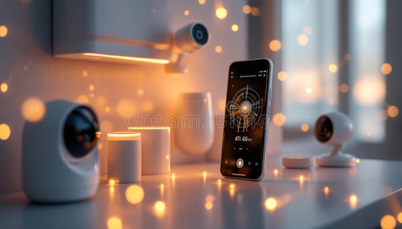 Smart Home Security System with Modern Devices and Warm Lighting Stock ...