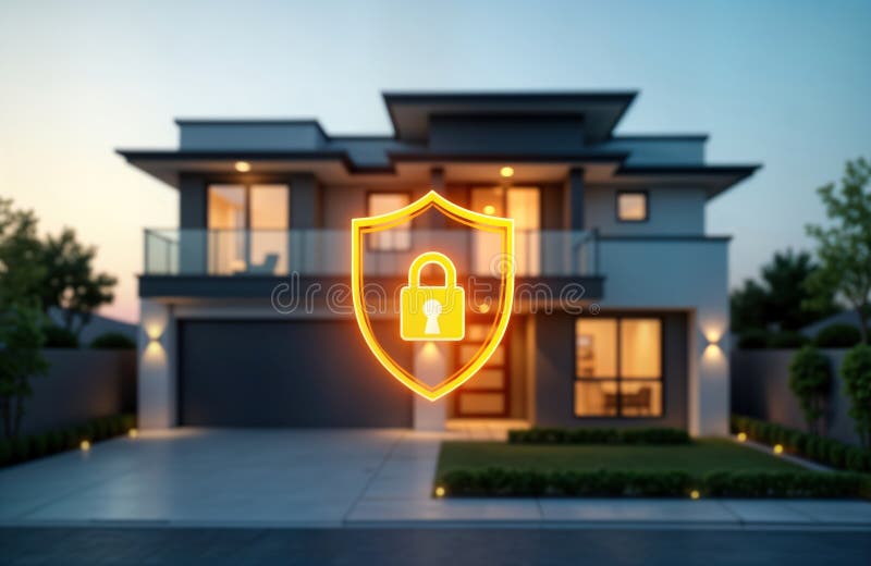 Smart Home Security System. Modern House Protected by Glowing Shield ...