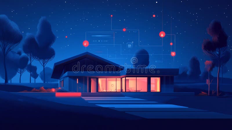 Smart Home Security System Night View of Modern House with IoT Network ...