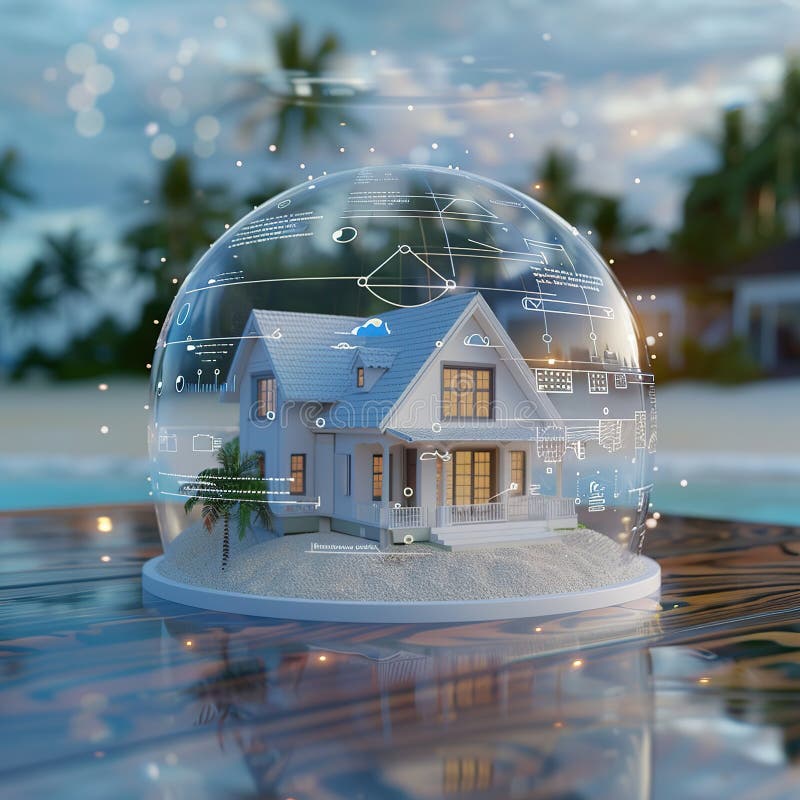 Smart Home Security, Tropical Beach House in a Protective Dome Stock ...