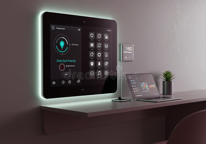 Smart Home Setup with a Wall-mounted Control Panel Displaying Various ...