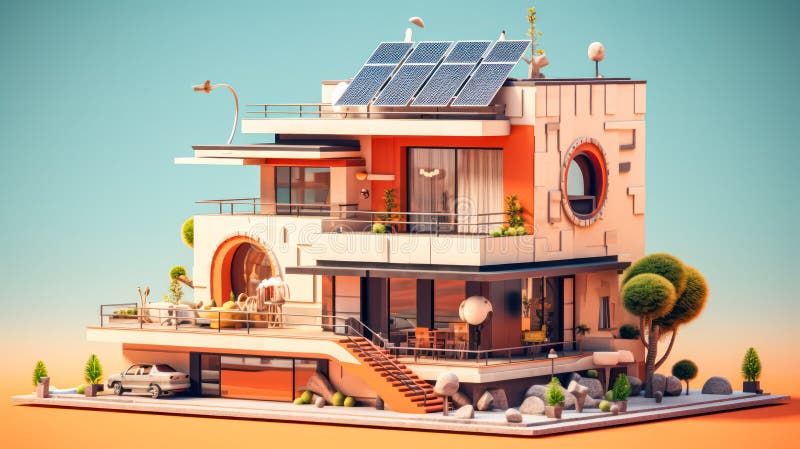 Smart Home with Solar Panels 3D Illustration. Stock Illustration ...