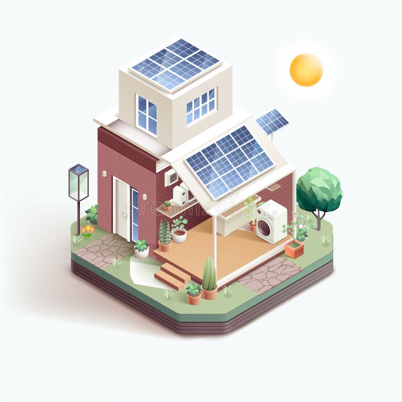 Smart Home with Solar Panels Isometric Vector Illustration Stock Vector ...