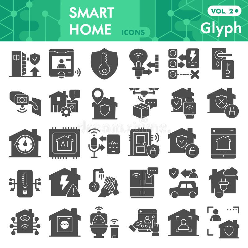 Smart Home Solid Icon Set, Smart House Symbols Set Collection or Vector ...