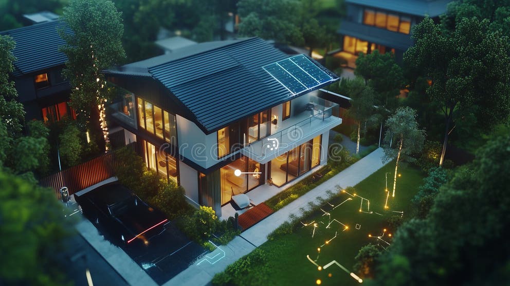 Modern Smart Home Night Aerial View Solar Panels Luxury House Real Roof ...