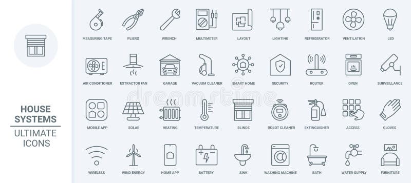 Smart Home Systems Thin Line Icons Set, Electrical Appliances and ...