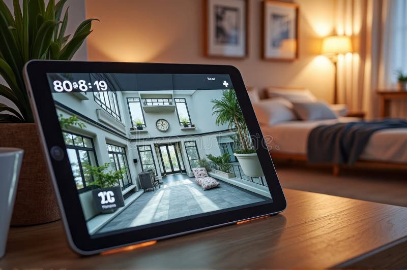 Smart Home Tablet Displaying Interior, Modern Bedroom, Cozy Evening ...