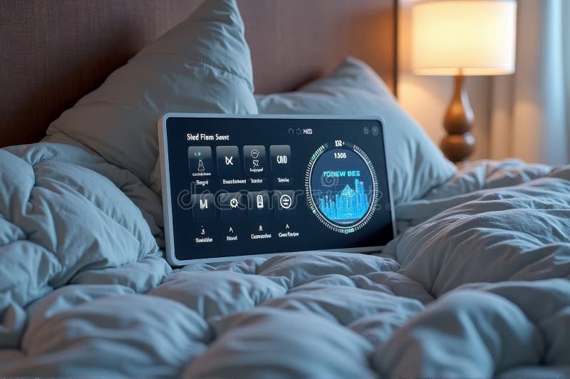 Smart Home Tablet Displaying Weather and Smart Control Interface on Bed ...