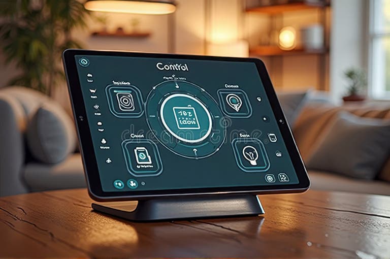 Smart Home Tablet Interface in Cozy Living Room Environment Stock Photo ...