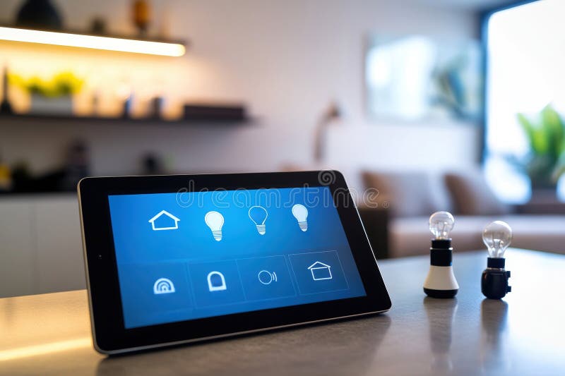 Smart Home Tablet with Lighting Control in Modern Interior Stock Image ...